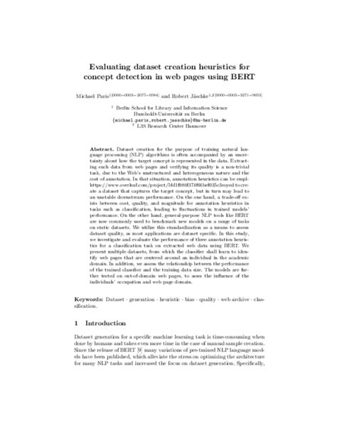 pdf evaluating dataset creation heuristics for concept detection in web pages using bert