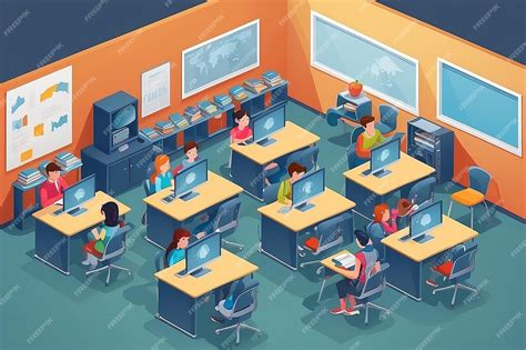 Premium Photo Isometric Computer Classroom With Teacher And Students