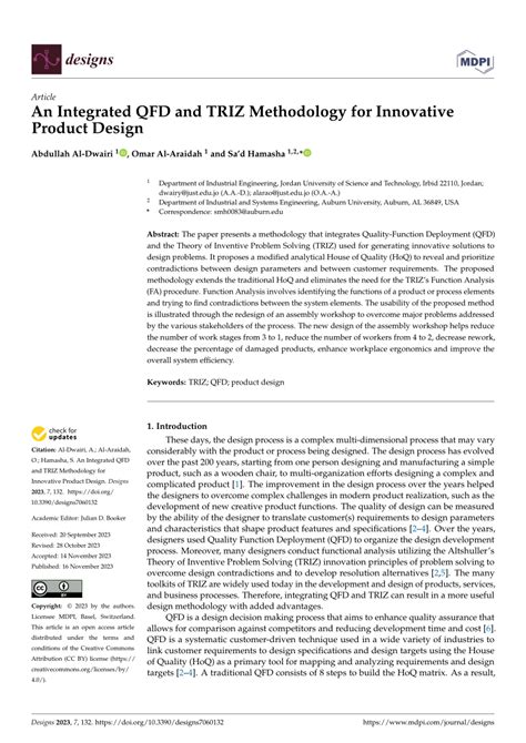 Pdf An Integrated Qfd And Triz Methodology For Innovative Product Design