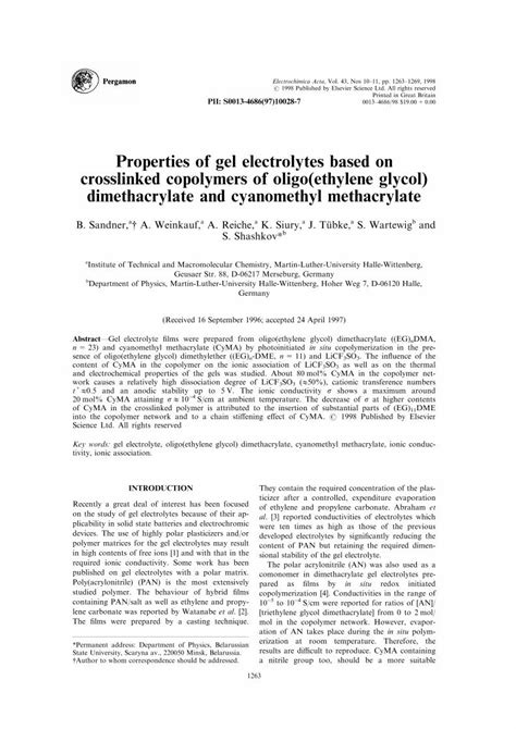 Pdf Properties Of Gel Electrolytes Based On Crosslinked Copolymers Of