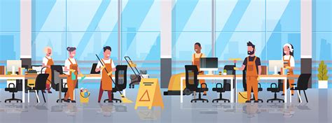 쉼터 팀 청소 서비스 개념 남성 여성 청소기 유니폼 함께 작업 전문 장비 현대 공동 작업 센터 사무실 인테리어 평면 전체 길이
