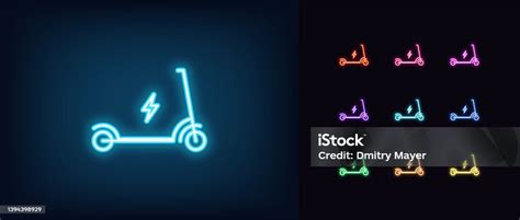 윤곽선 네온 킥 스쿠터 아이콘 빛나는 네온 전기 스쿠터 실루엣 에코 차량 픽토그램 거리에 대한 스톡 벡터 아트 및 기타 이미지