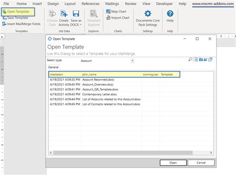Template Dialog Column Configuration