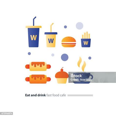 음식과 음료의 패스트 푸드 플랫 아이콘 카페 메뉴 항목 설정 가공육에 대한 스톡 벡터 아트 및 기타 이미지 가공육 감자 요리 건강에 좋지 않은 음식 Istock