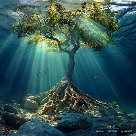 Ai创作图水下的树木 水下树根 扎根水中的树 海中生成的树 海中树 水中独立树 水下植物根系 水下生长植物 水波大树 水底的木头 水中一棵树 长在水里的树 梦幻水底世界 伸到水里的树 水下沉木