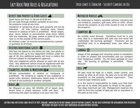 park rules lazy rock rv park and campground