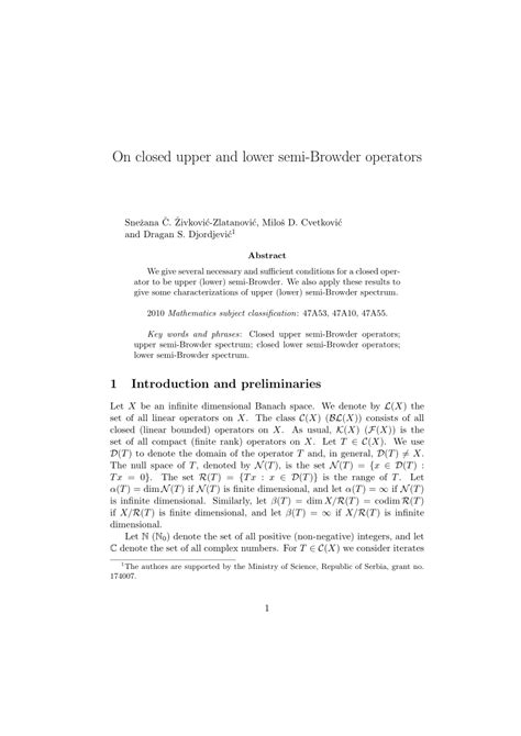 Pdf On Closed Upper And Lower Semi Browder Operators