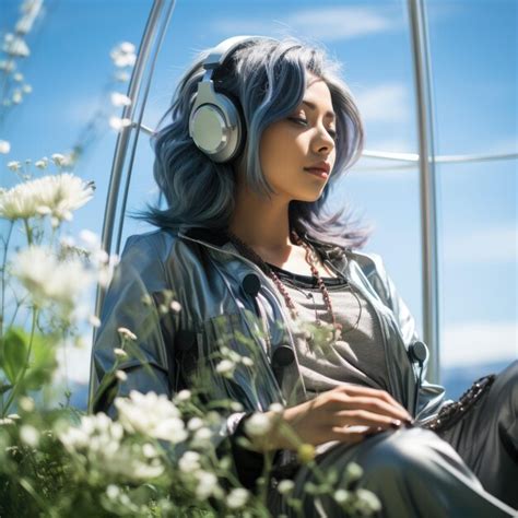 Premium Ai Image Woman Laying On The Grass On Headphones In The Style