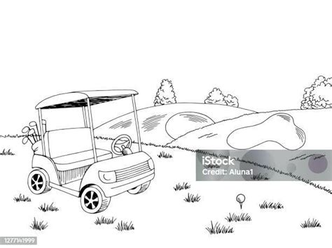 골프 카트 코스 그래픽 아트 블랙 화이트 풍경 스케치 일러스트 벡터 골프에 대한 스톡 벡터 아트 및 기타 이미지 골프