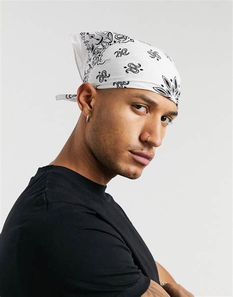 Asos Design Cotton Bandana With Black Paisley Print In White Asos