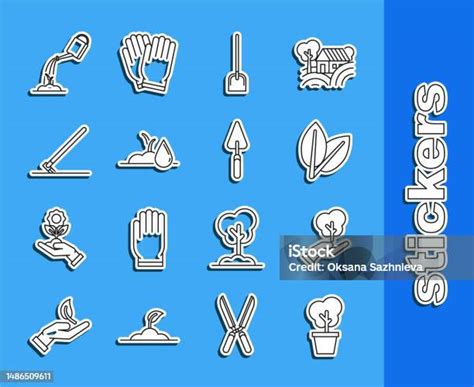 냄비에 라인 나무를 설정하고 환경 보호 잎 삽 급수 새싹 정원 갈퀴 작업 물과 흙손 삽 아이콘으로 할 수 있습니다 벡터 가루로