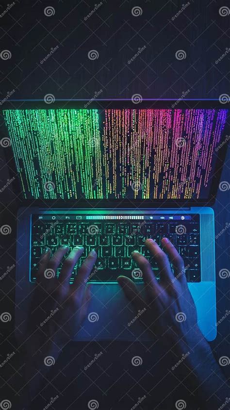 Hands Typing On A Laptop With A Glowing Rainbow Colored Code On The