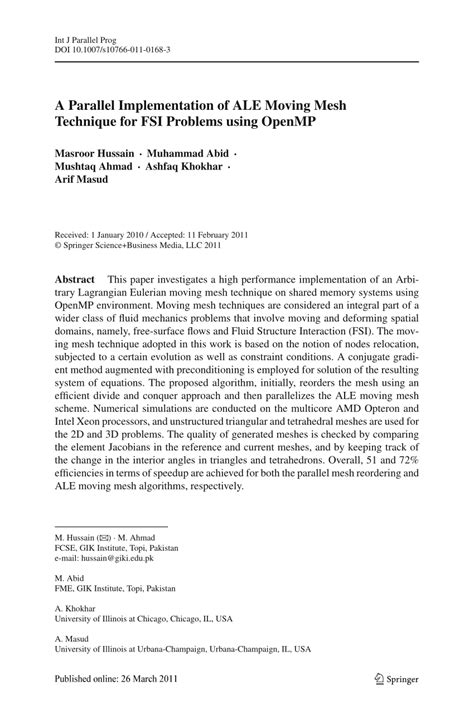 Pdf A Parallel Implementation Of Ale Moving Mesh Technique For Fsi