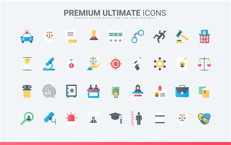 법과 정의 트렌디한 플랫 아이콘 세트 법률 시스템 배지 및 기호 판단 및 경찰 증거에 대한 스톡 벡터 아트 및 기타 이미지 증거 판단 감시 Istock