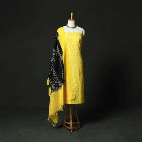 Yellow Pochampally Ikat Mercerised Cotton 2pc Unstitched Dress Material