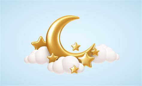 초승달 황금별 흰 구름3d 스타일은 파란 배경에 고립되어 있습니다 꿈 자장가 배너 소책자 포스터에 대한 배경 디자인을 꿈 벡터 일러스트레이션 0명에 대한 스톡 벡터 아트 및