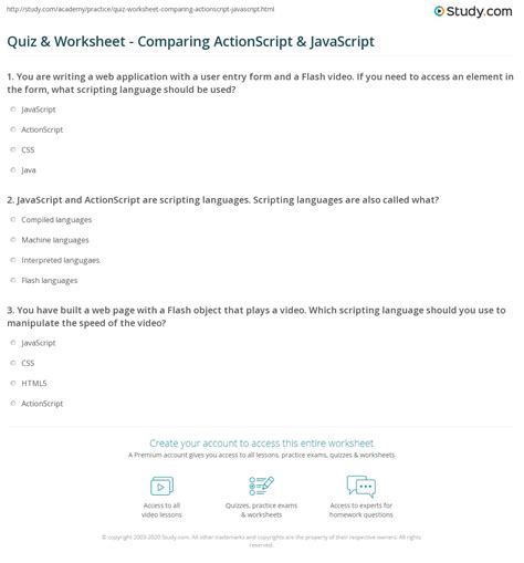 Quiz And Worksheet Comparing Actionscript And Javascript