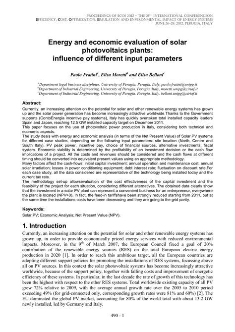 Pdf Energy And Economic Evaluation Of Solar Photovoltaics Plants Influence Of Different Input