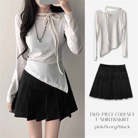 코디세트러블리💝 리본 초커넥 언발 트임 티셔츠테니스 미니 스커트 투피스 단품가능 에이블리