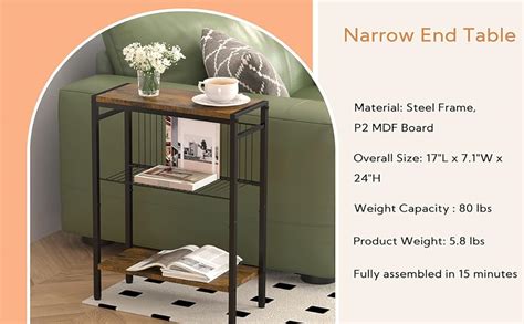 Yusong Small Narrow Side Table For Small Spaces Slim End Table Nighstand With Adjustable Mesh