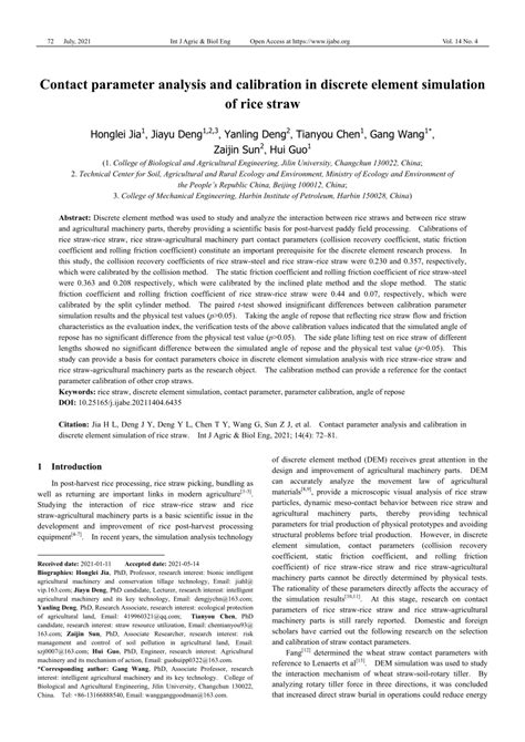 Pdf Contact Parameter Analysis And Calibration In Discrete Element Simulation Of Rice Straw