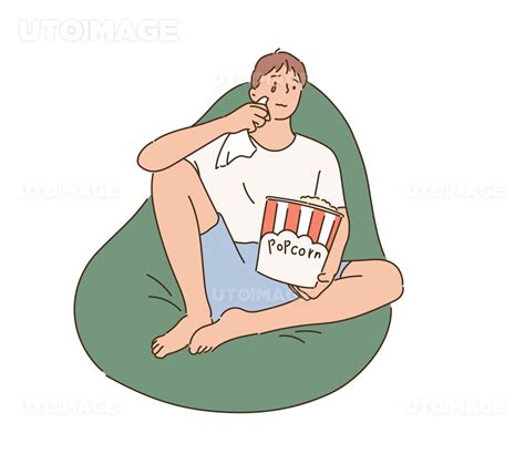 유토이미지 한 남자가 빈백에 앉아 팝콘을 먹으며 티비를 보고 있다 손그림 스타일 일러스트레이션