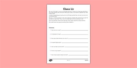 Clann Lir Comprehension Worksheet Gaeilge