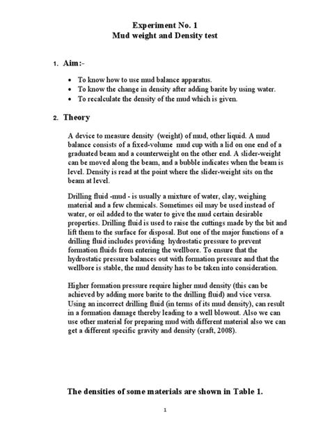 Mud Density Lab Report 1 Pdf Casing Borehole Weighing Scale