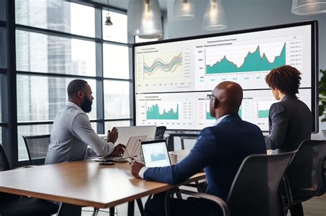 Diverse Team Of Data Scientists Analyzing Information And Graphs On Big Digital Screen In Modern