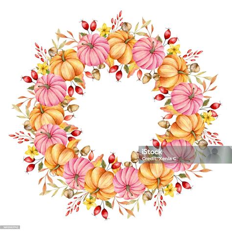 수채화 호박과 녹지가 있는 가을 추수감사절 프레임 꽃 추수감사절 화환 가을 꽃 프레임 호박 열매와 나뭇잎 가을에 대한 스톡 벡터 아트 및 기타 이미지 Istock