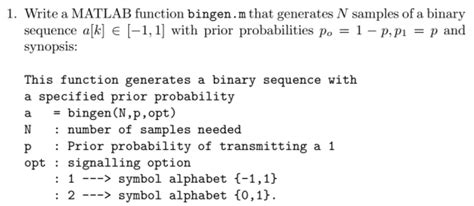 Solved 1 Write A Matlab Function Bingenm That Generates N