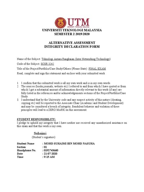 Alternative Assessment Integrity Declaration Form New Pdf