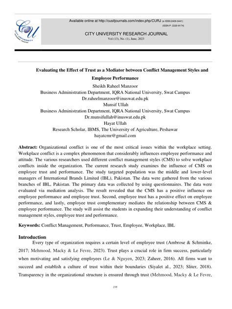 Pdf Evaluating The Effect Of Trust As A Mediator Between Conflict Management Styles And