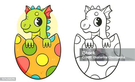 아이들을 위한 색칠 예제가 있는 달걀 색칠하기 책의 용 용과 색칠 공부 페이지입니다 흑백 및 컬러 버전 벡터 어린이 그림입니다 0명에 대한 스톡 벡터 아트 및 기타 이미지