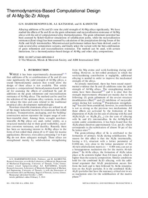 Pdf Thermodynamics Based Computational Design Of Al Mg Sc Zr Alloys