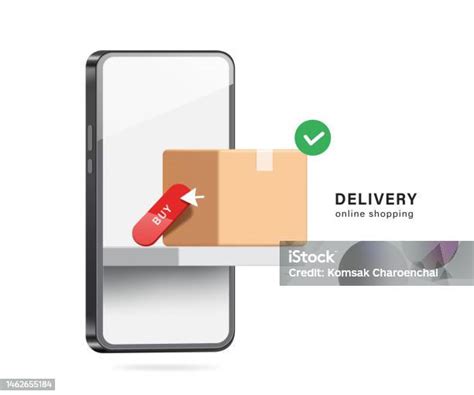 옆에 주문 구매 버튼이 있고 그 위에 주문 확인 아이콘이 표시되고 모든 개체가 전면 스마트폰 화면을 표시하는 선반에 놓인 소포 상자 3차원 형태에 대한 스톡 벡터 아트 및