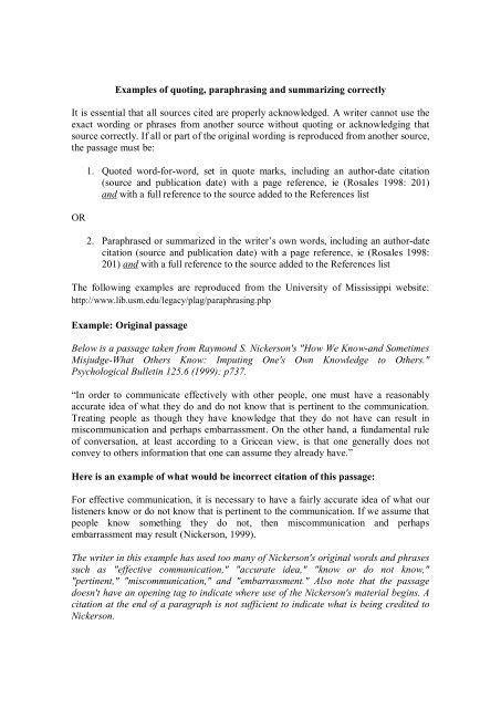 Examples Of Quoting Paraphrasing And Summarizing Correctly It Is