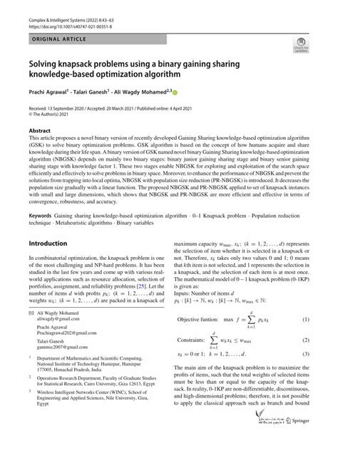 Pdf Solving Knapsack Problems Using A Binary Springer Dokumentips