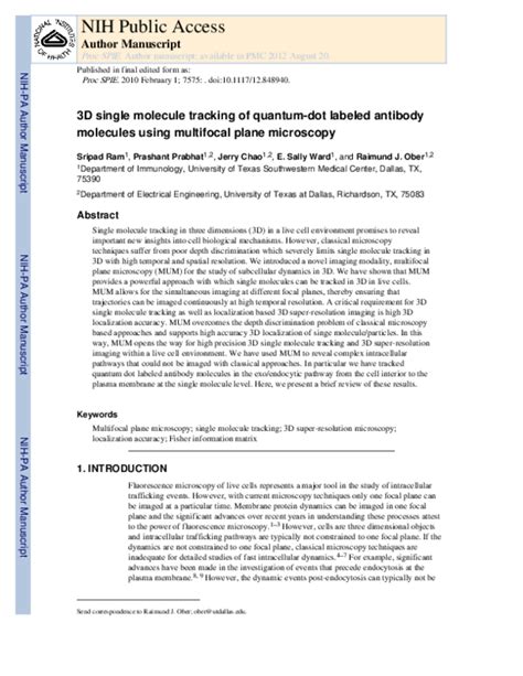 Pdf Three Dimensional Single Molecule Tracking Of Quantum Dot Labeled Antibody Molecules Using
