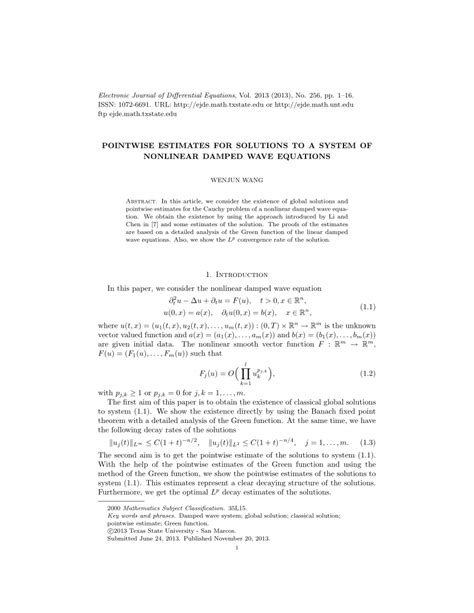 PDF Pointwise Estimates For Solutions To A System Of Nonlinear Damped Wave Equations
