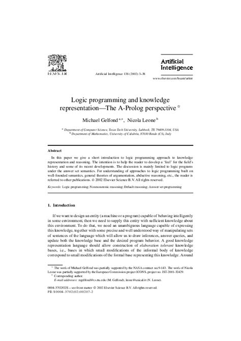 Pdf Logic Programming And Knowledge Representation—the A Prolog