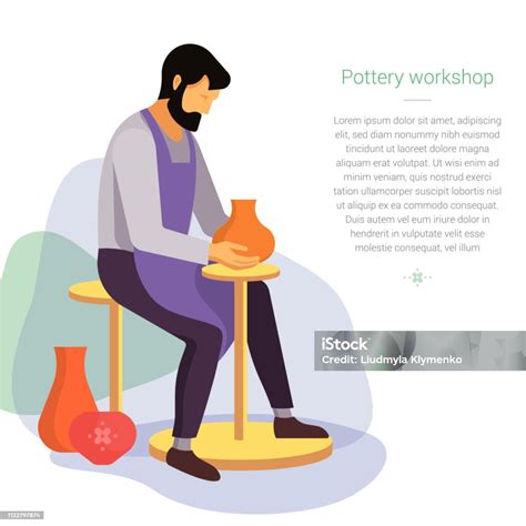 포터는 기계에서 제품을 조각 합니다 텍스트에 대 한 장소 벡터 일러스트 레이 션입니다 점토 모델링 마스터 클래스에 대 한 포스터입니다 도예가에 대한 스톡 벡터 아트 및 기타