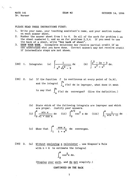 Find Integration Calculus Ii Exam Math 141 Docsity