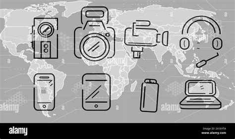 image of technology icons over world map on grey background global business communication and