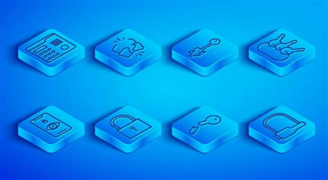 세트 라인 하우스 인터콤 시스템 깨진 또는 금이 자물쇠 오래 된 키 잠금 키의 무리 눈 스캔 및 자전거 아이콘 벡터 3차원 형태에 대한 스톡 벡터 아트 및 기타 이미지