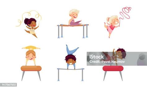 리듬과 스포츠 체조 세트를하는 아이들 평행 막대와 포멜 말 벡터 일러스트레이션을 운동하는 소년과 소녀 체조에 대한 스톡 벡터 아트 및 기타 이미지 Istock