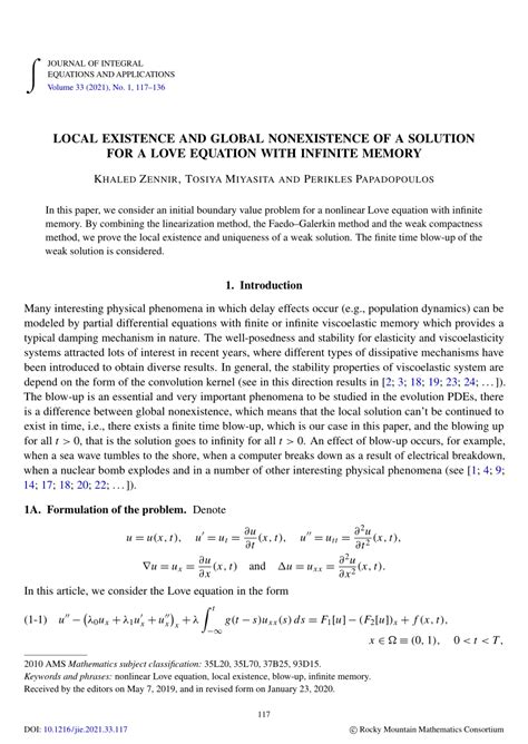 Pdf Local Existence And Global Nonexistence Of Solution For Love Equation With Infinite Memory