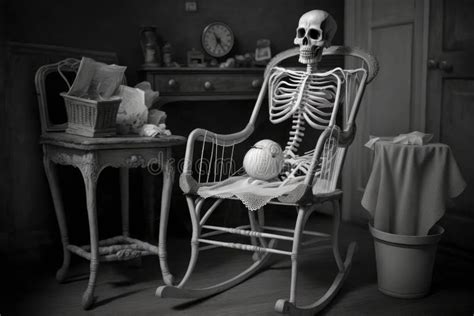 Ghost Skeleton Sitting In Rocking Chair With A Forgotten Sewing Basket Nearby Stock