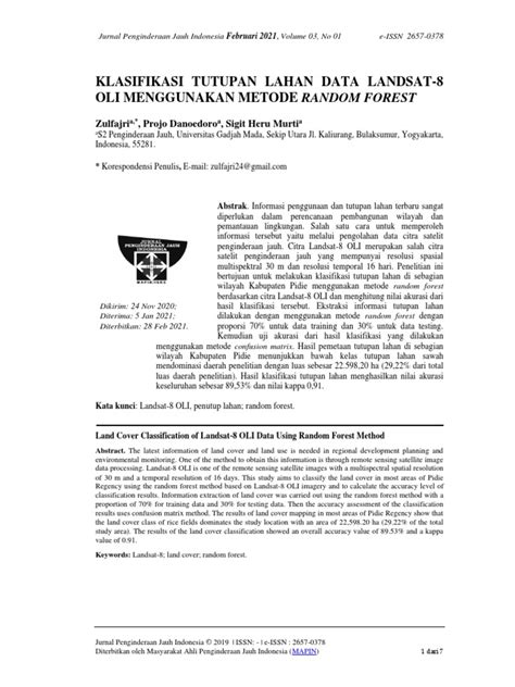 Zulfajri 2021 Klasifikasi Tuplah Data Landsat 8 Menggunakan Metode Random Forest Pdf