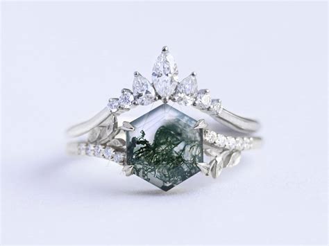 Verona Hexagon Moss Agate Ring Set With Leaf Wedding Band Aurelius